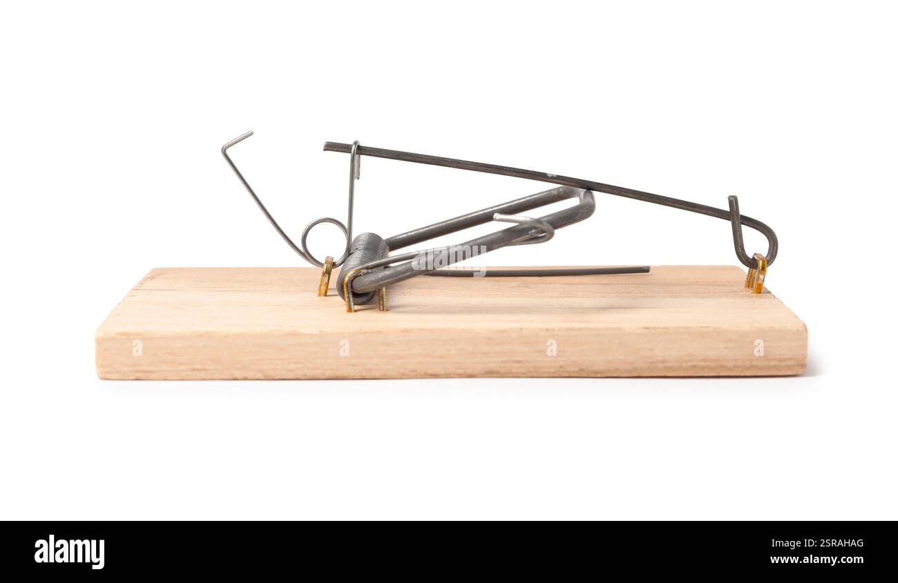 One spring-loaded bar mousetrap isolated on white Stock Photo - Alamy