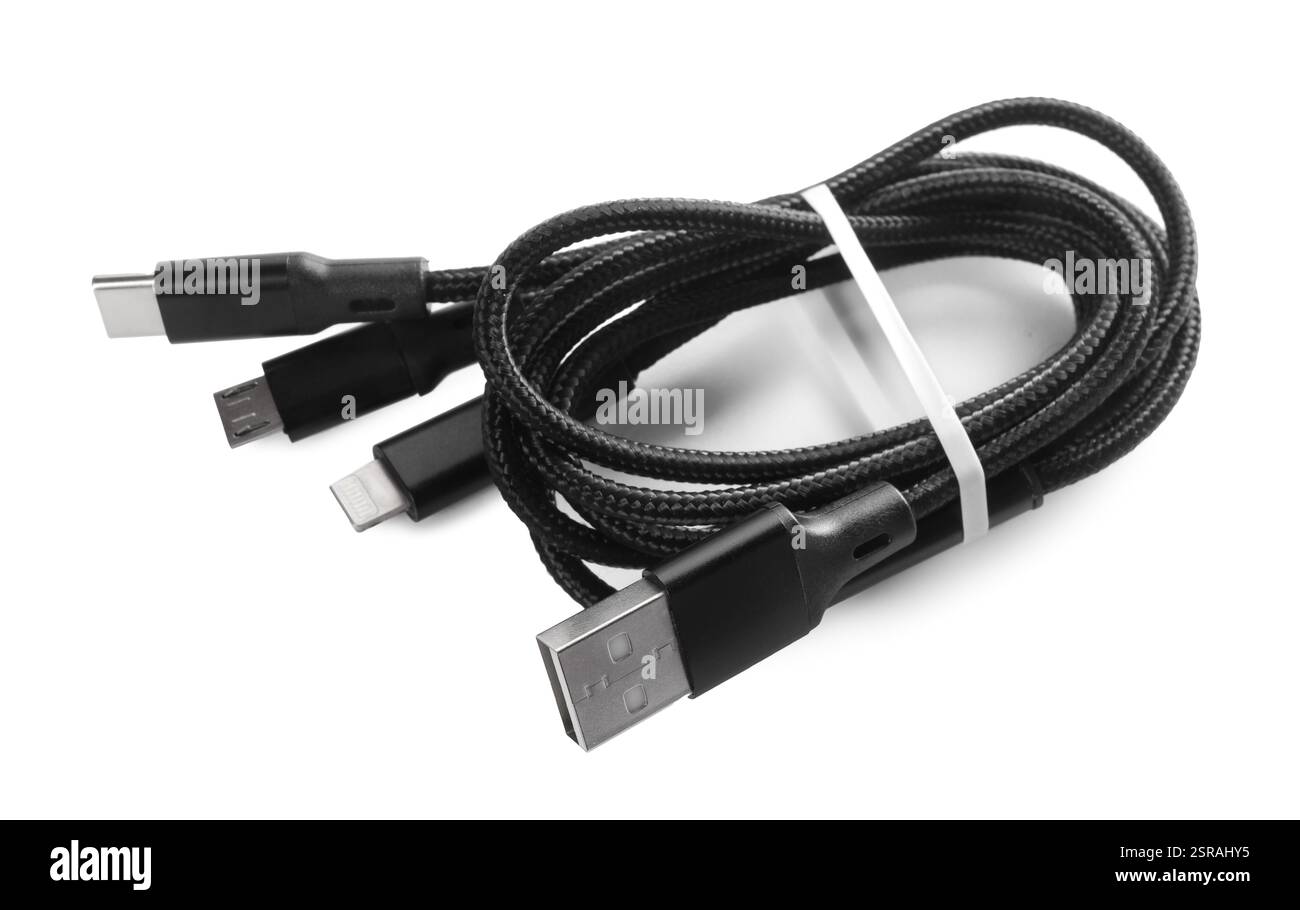 Black triple charge cable isolated on white Stock Photo - Alamy