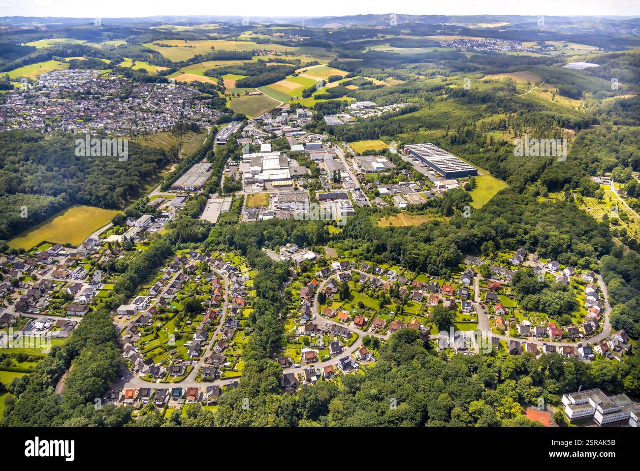 Aerial view, circular housing estate Rumbecker Holz, commercial area ...