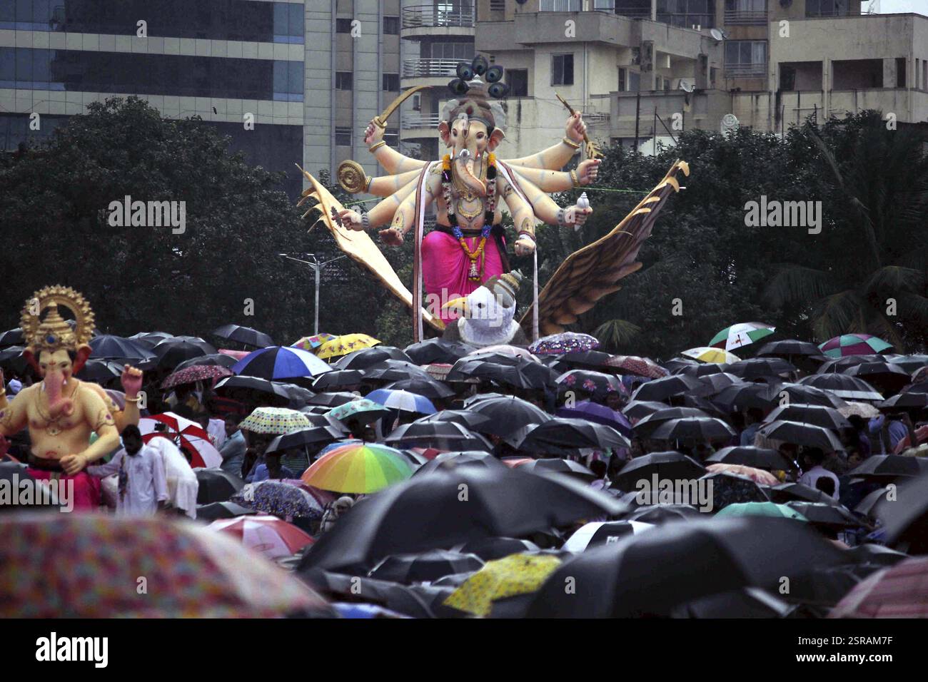 A gigantic idol of Hindu elephant-headed god Ganesh, being led to the ...