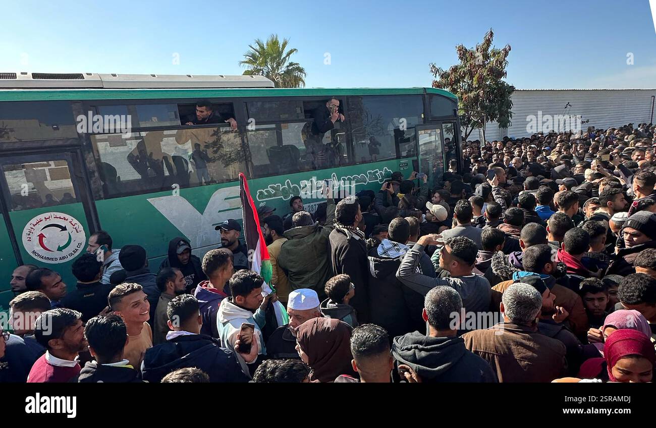 Khan Younis, Gaza. 15th Feb, 2025. Red Cross bus, carrying Palestinians ...