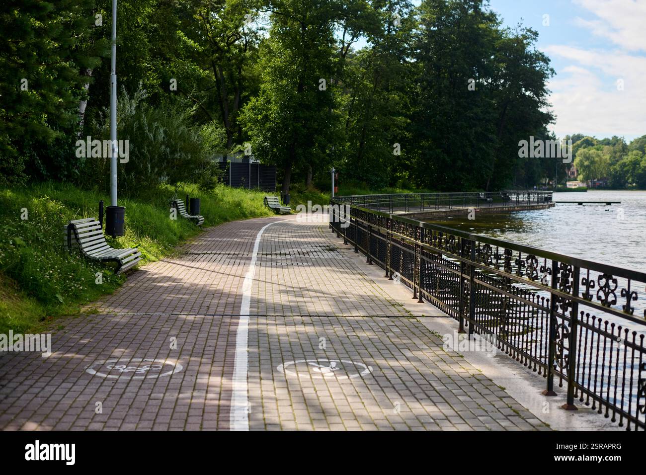 Peaceful lakeside pathway with benches along scenic route, perfect for ...