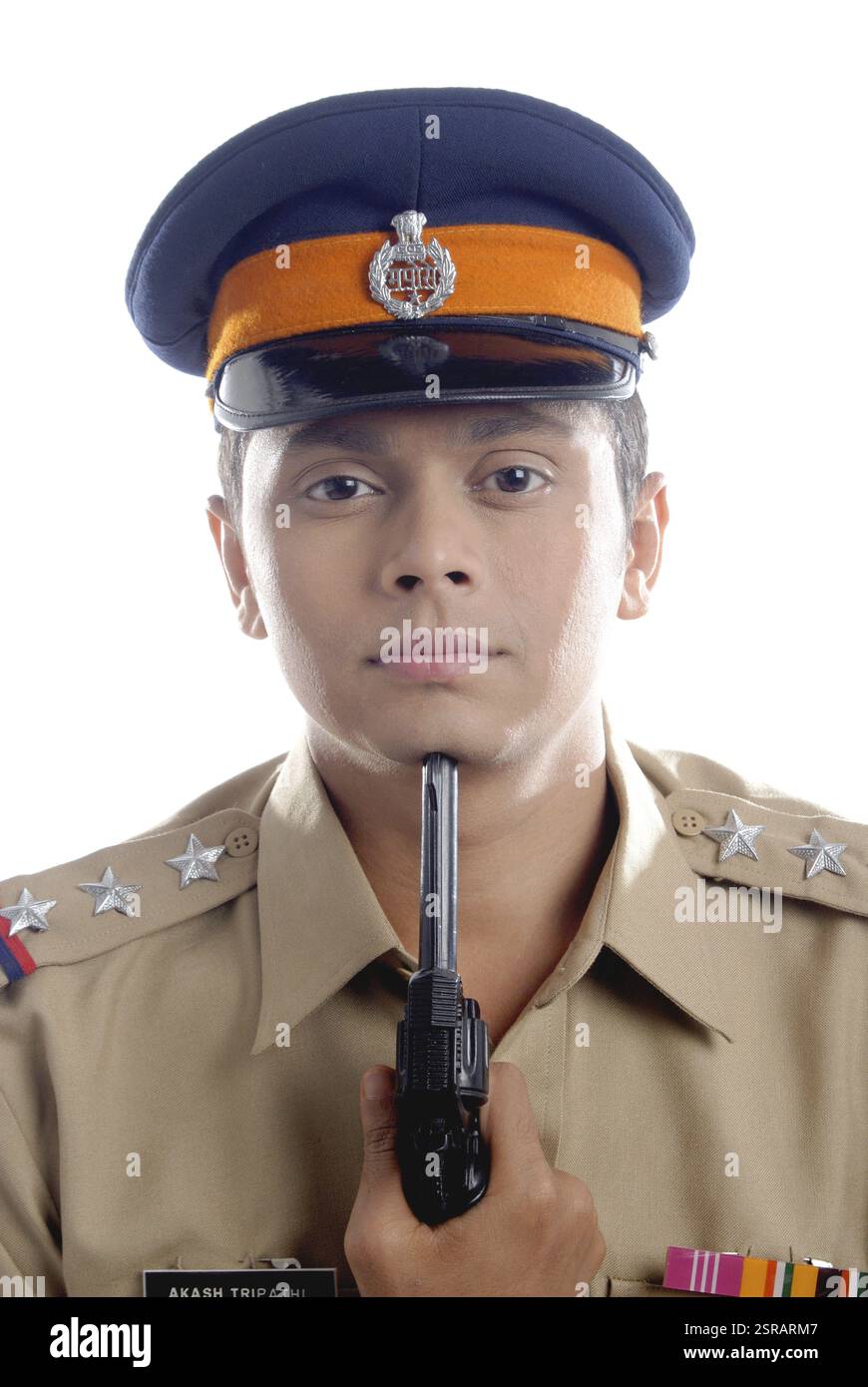 Police inspector aim revolver to below chin MR#782W Stock Photo - Alamy