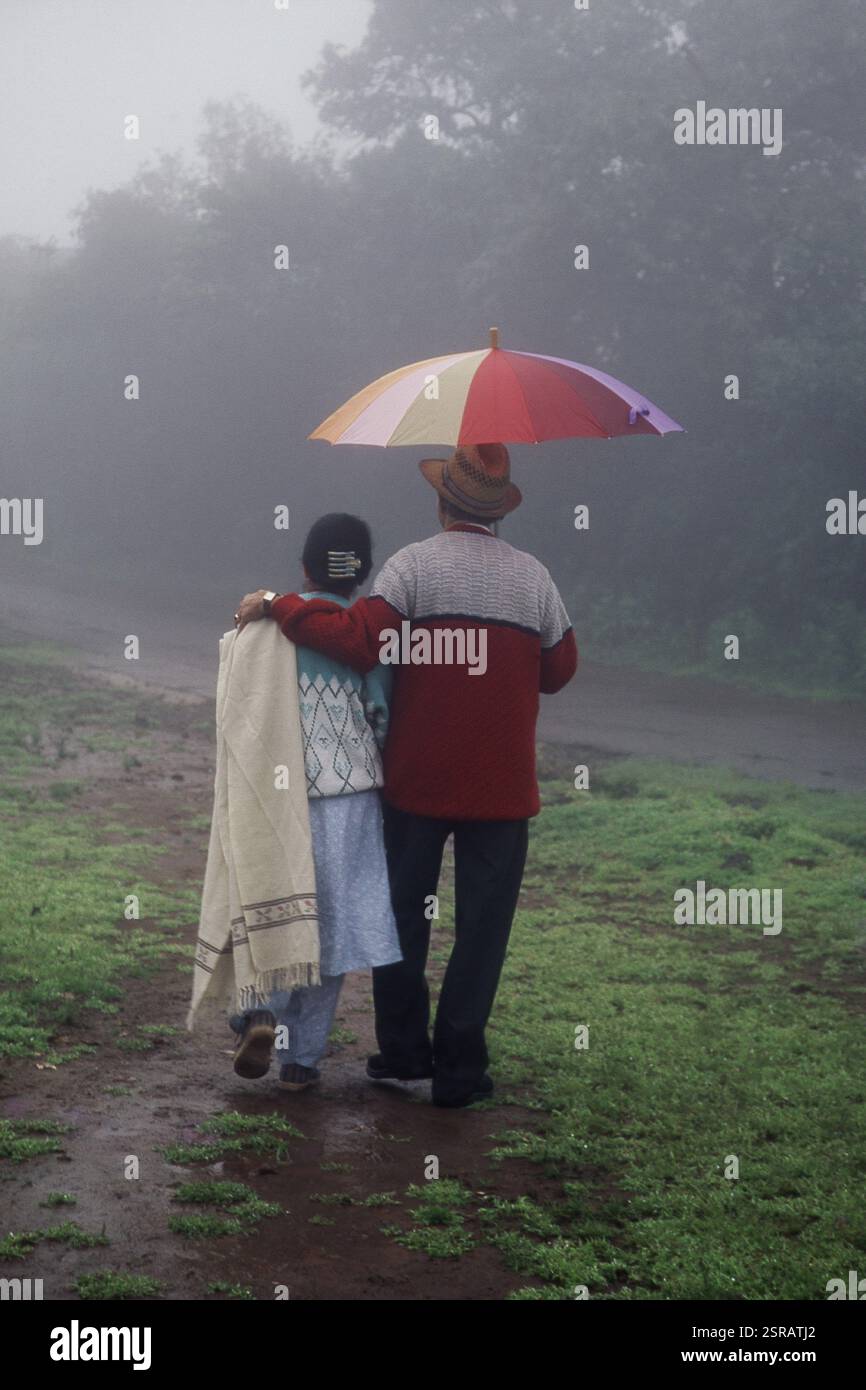 Couple taking morning walk in morning mist, Maharashtra, India, Asia ...