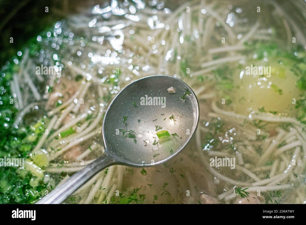 tasting chicken soup with pieces of meat, noodles and vegetables ...