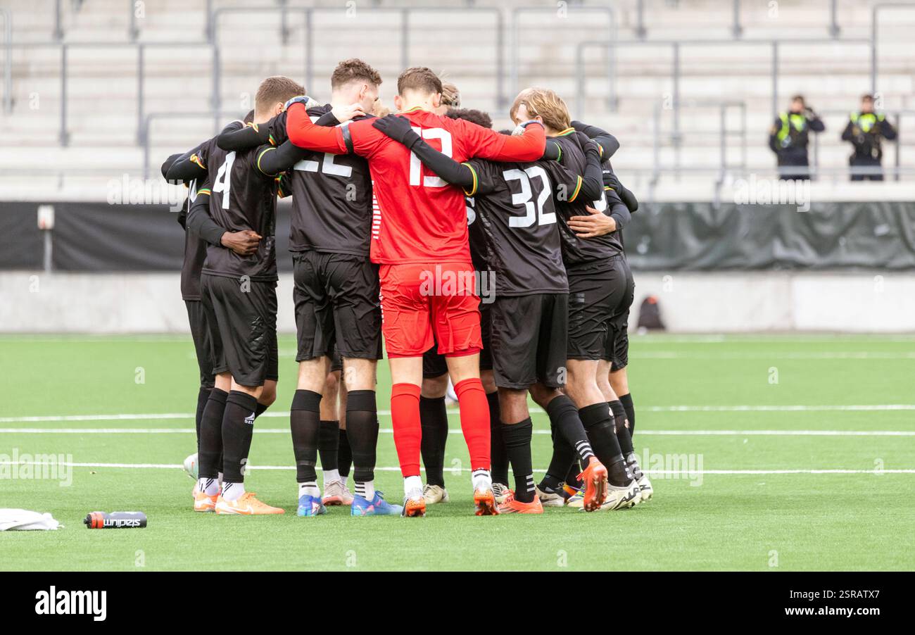 Gothenburg, Sweden. 15th Feb 2025. Players in GAIS huddle together ...