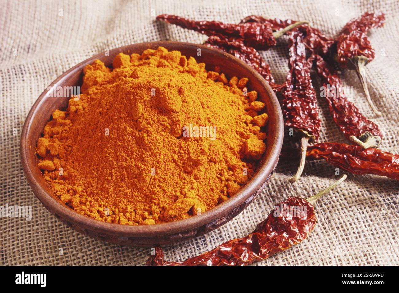 Indian spices, dried red chillies capsicum frutescens and powder, India ...