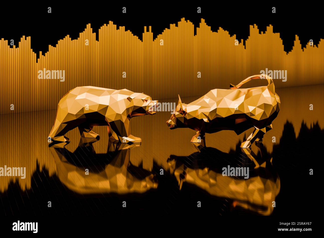 Bull and Bear in Gold in front of a bar graph - background is a scale ...