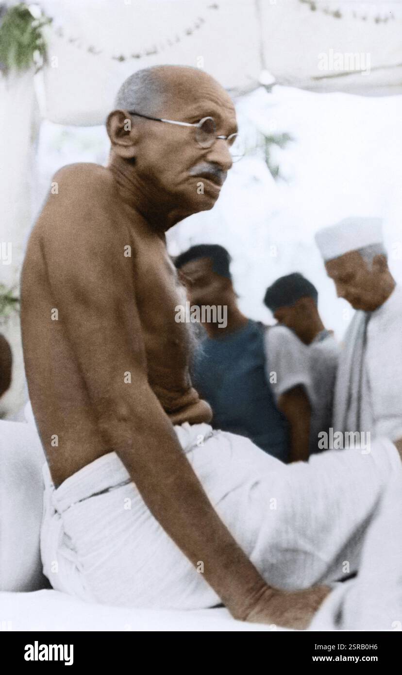 Mahatma Gandhi at meeting during peace march, East Bengal, India, Asia ...