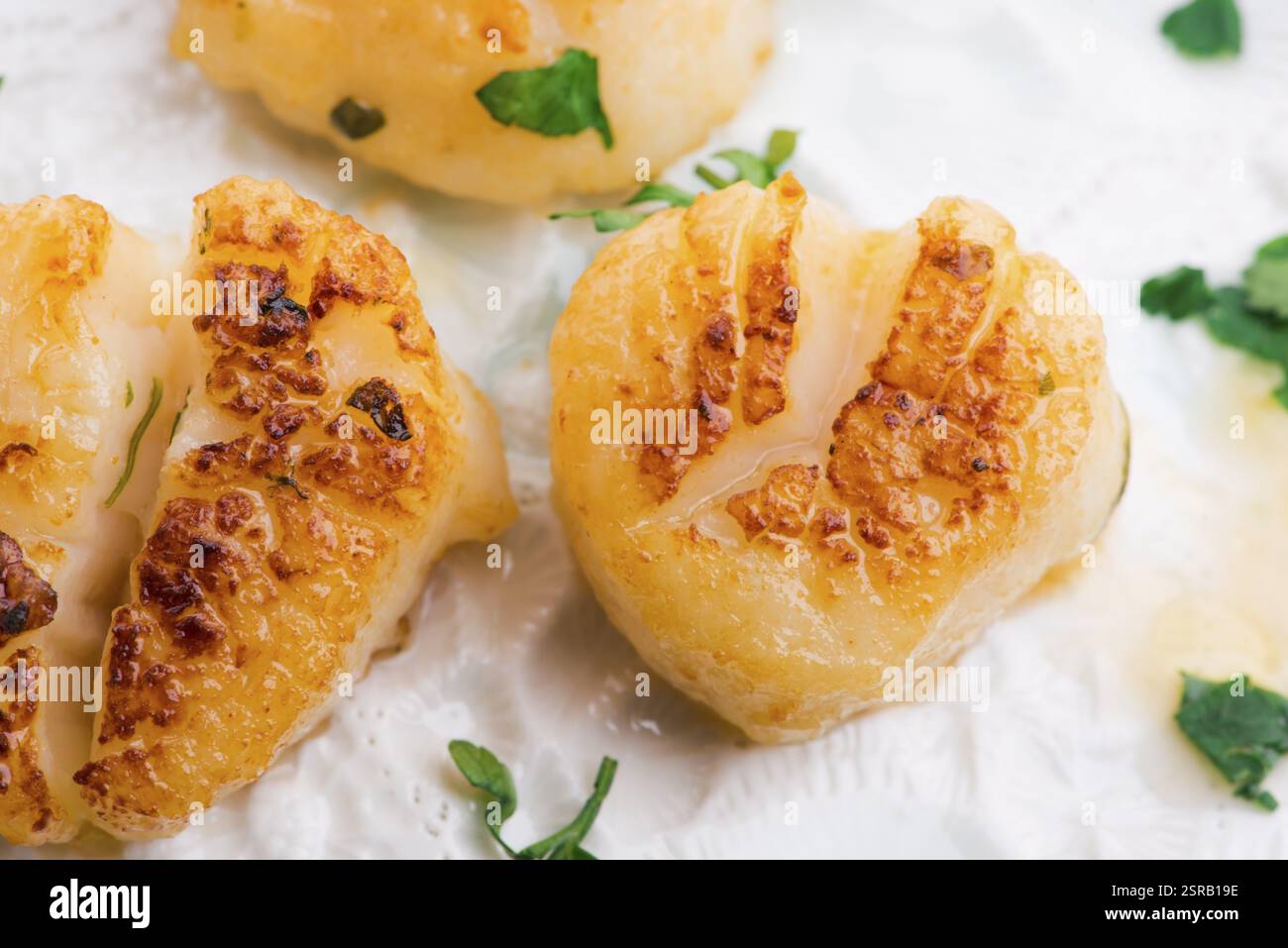 Close up of pan seared sea scallops Stock Photo - Alamy