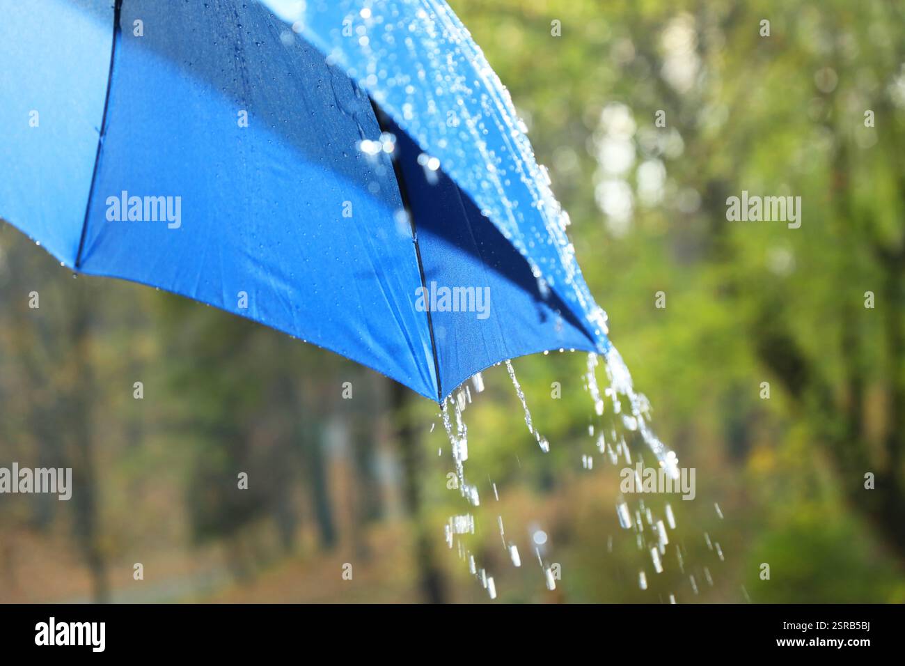 Open blue umbrella under pouring rain outdoors, closeup Stock Photo - Alamy