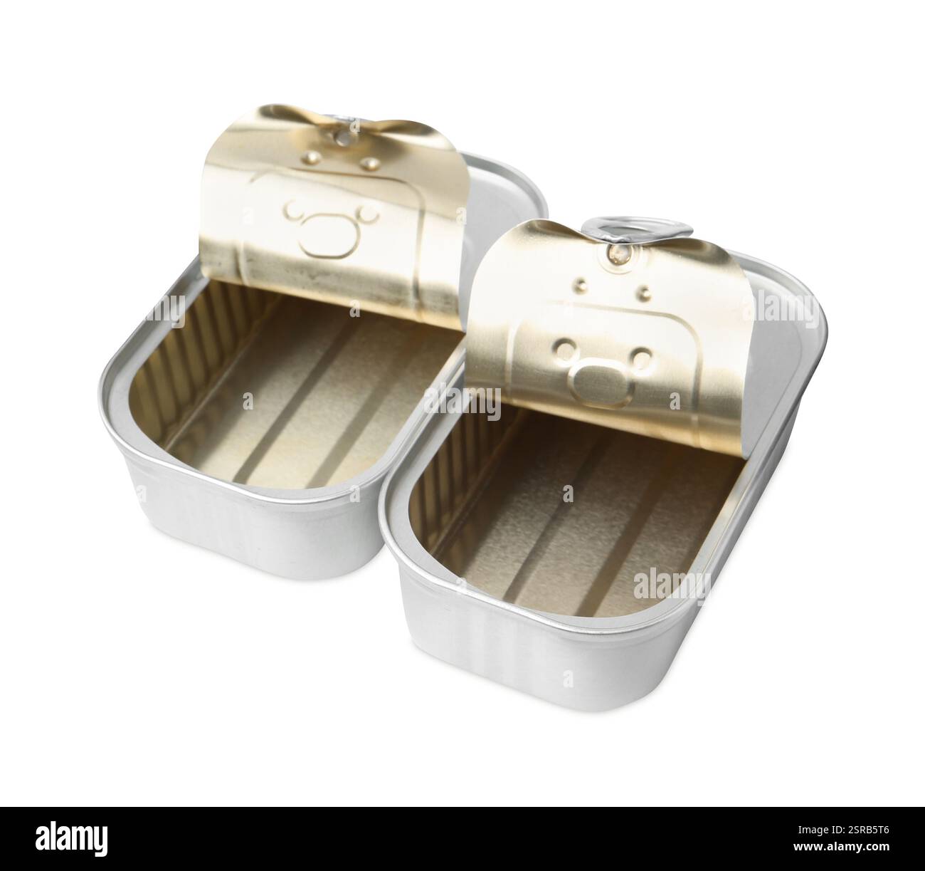 Two open tin cans isolated on white Stock Photo - Alamy