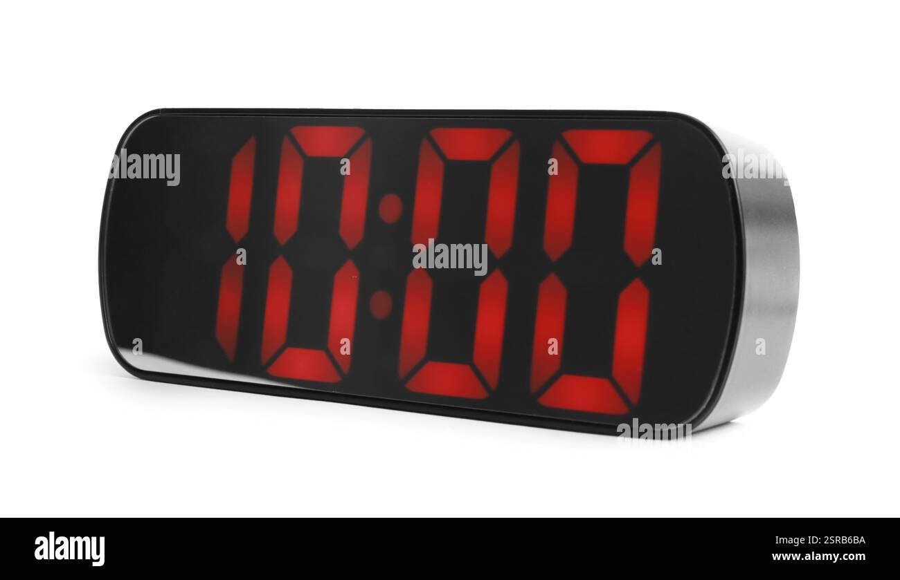 Digital alarm clock showing 10:00 o'clock on white background Stock ...