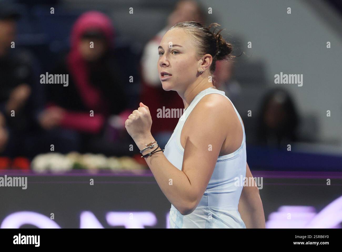 Amanda Anisimova of the United States reacts during the Qatar Open ...
