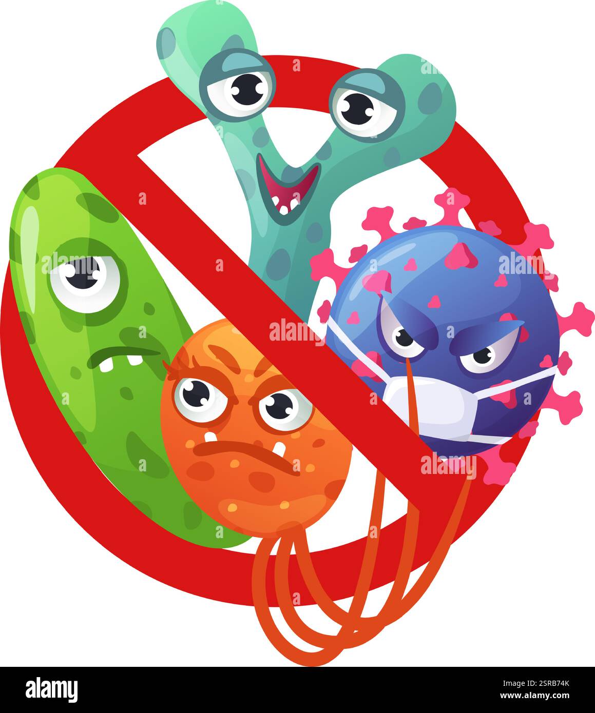 Cartoon germs and viruses with angry expressions are blocked by a large ...