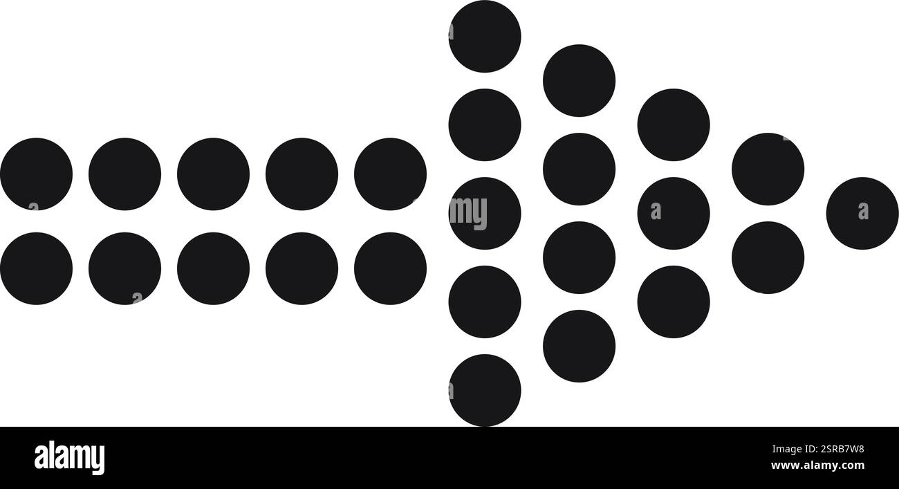 Simple black arrow pointing to the right made of aligned circles of different sizes over a white ...