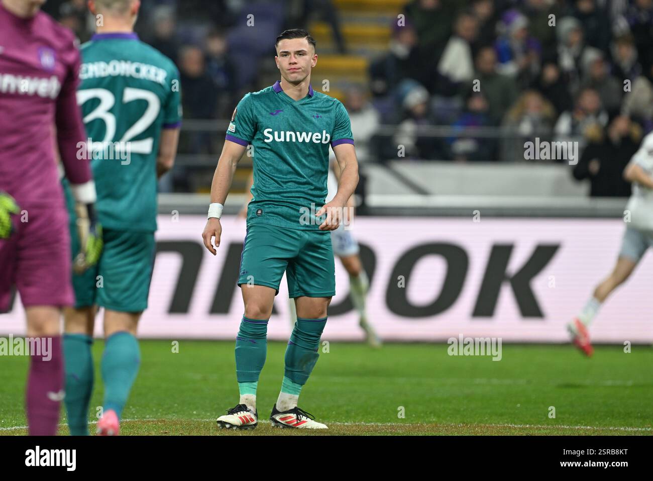 Anderlecht, Belgium. 30th Jan, 2025. Jan-Carlo Simic (4) of Anderlecht reacts during the league ...