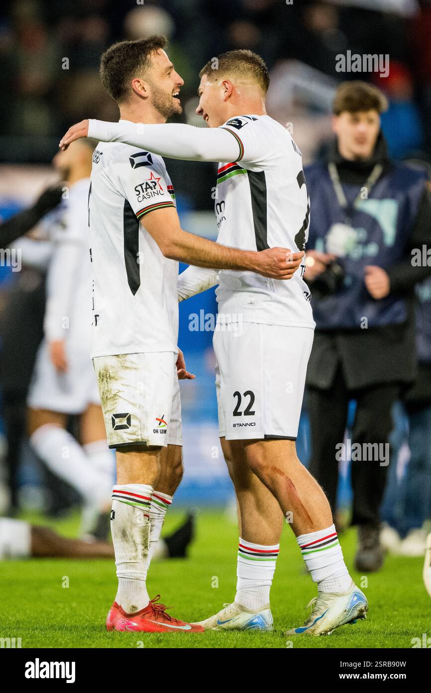 Heverlee, Belgium. 15th Feb, 2025. OHL's Siebe Schrijvers and OHL's ...