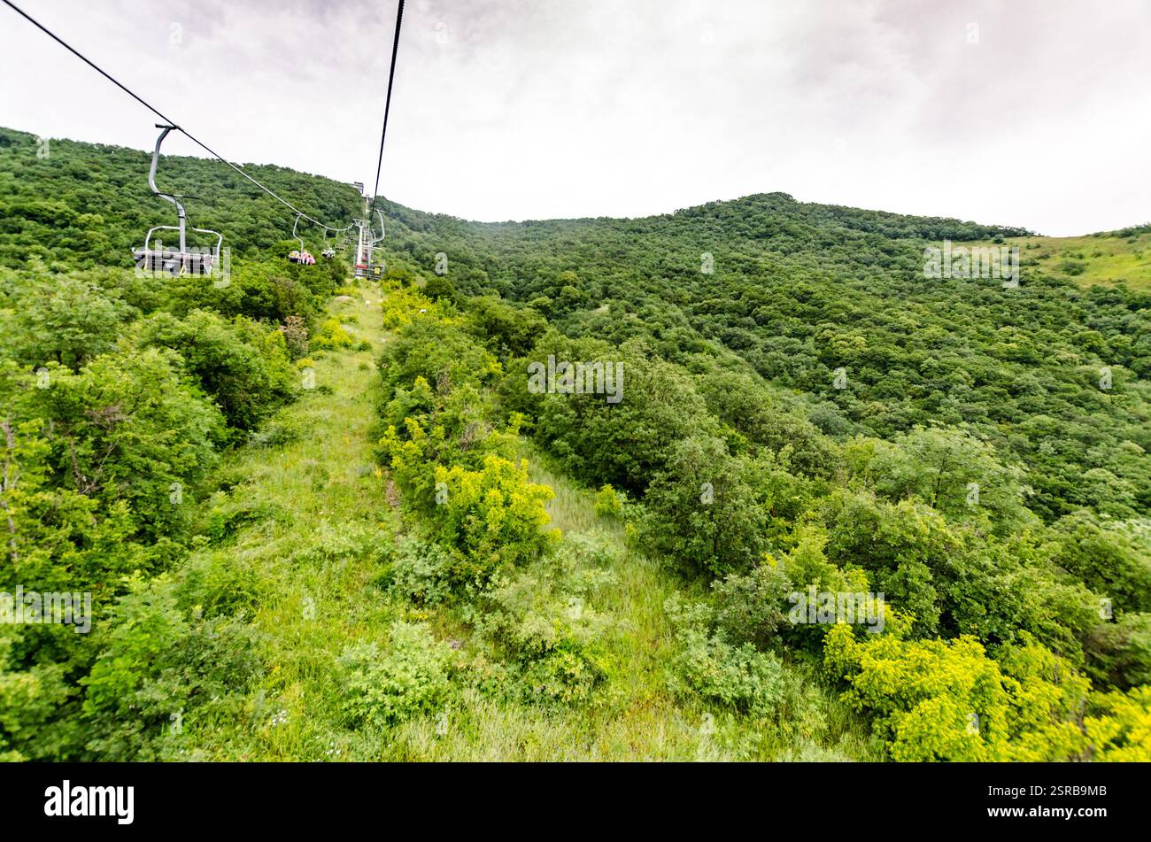Ski lift glides above lush green mountain. Dense forest blanket ...