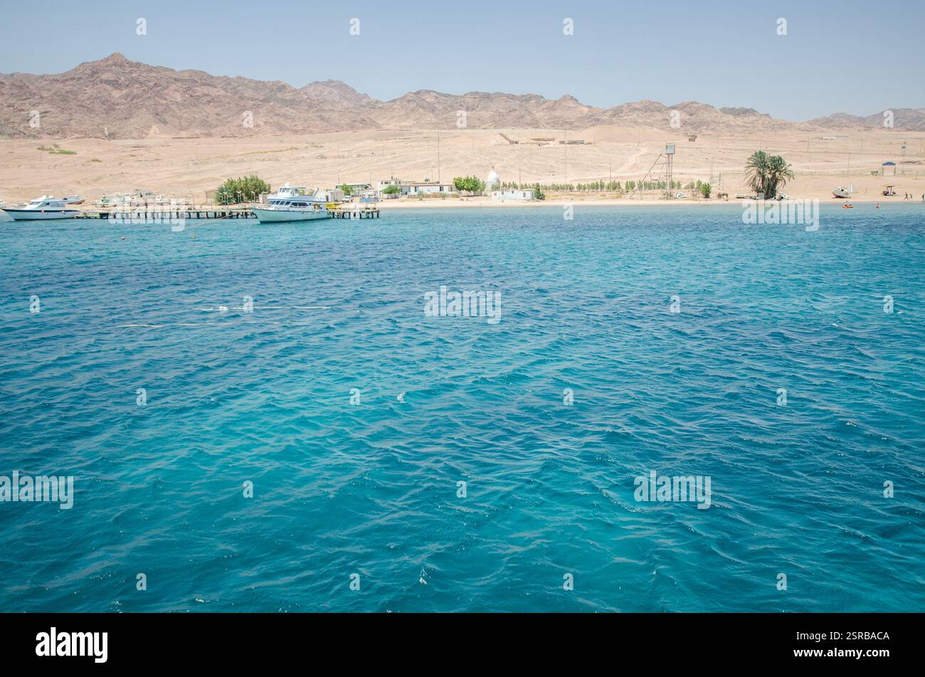 Tranquil Red Sea waters contrast with dry desert backdrop under clear ...