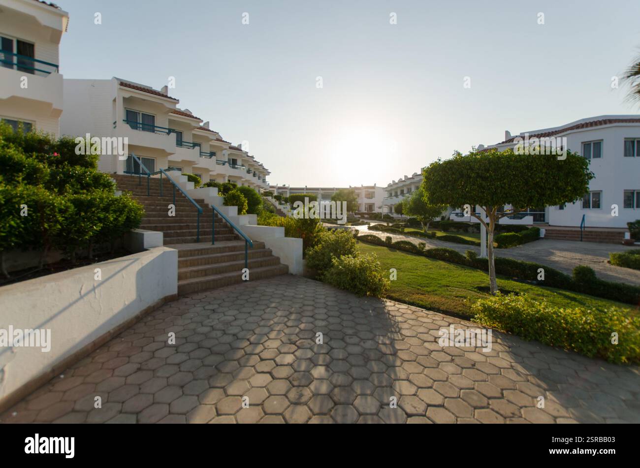Resort entrance showcases ascending steps lined with verdant bushes and ...