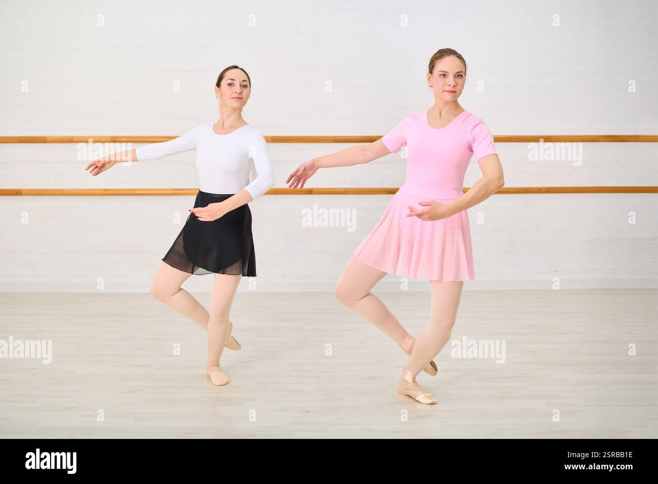 Two young women practicing ballet at barre in dance studio. Bright ...