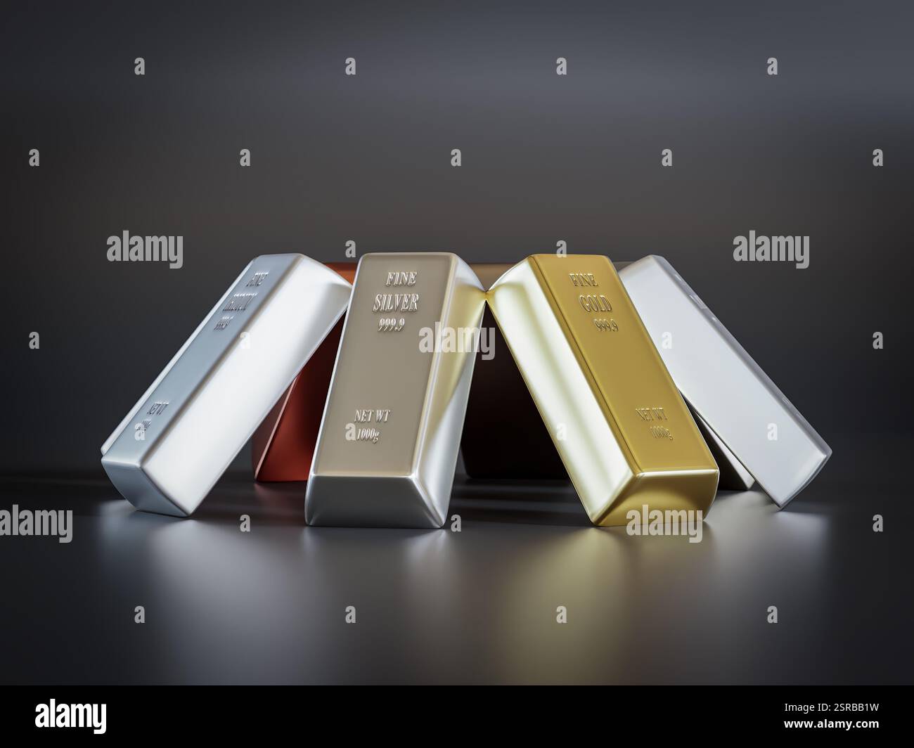 3d rendering of eight common precious metal bars arranged into prism on ...