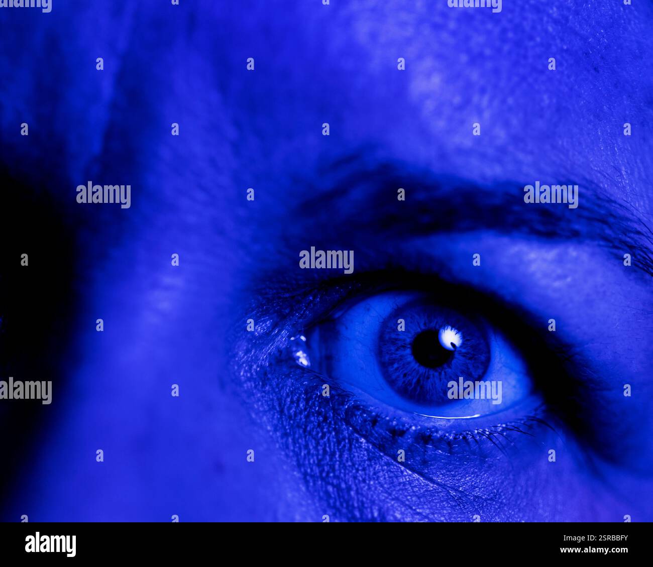 Close up on a human eye (female mid 40s, caucasian) under blue light ...