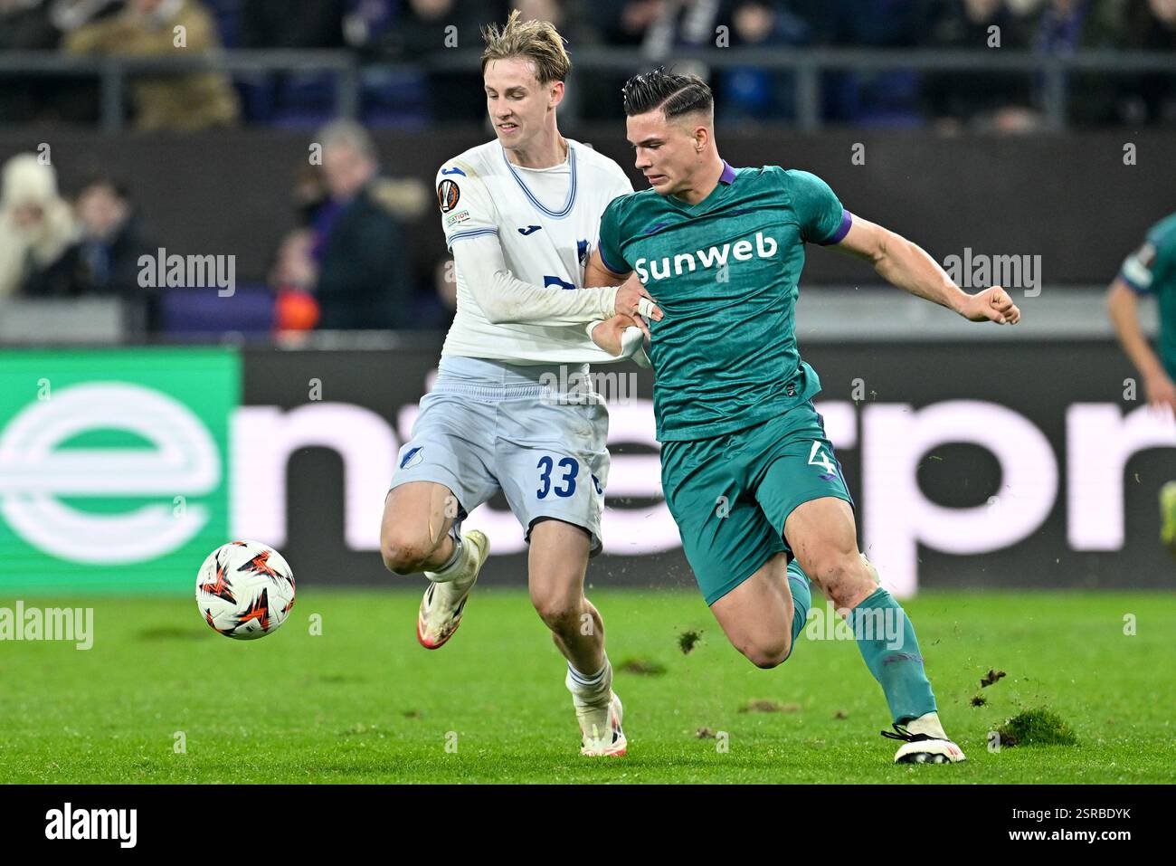 Anderlecht, Belgium. 30th Jan, 2025. Max Moerstedt (33) of Hoffenheim pictured fighting for the ...
