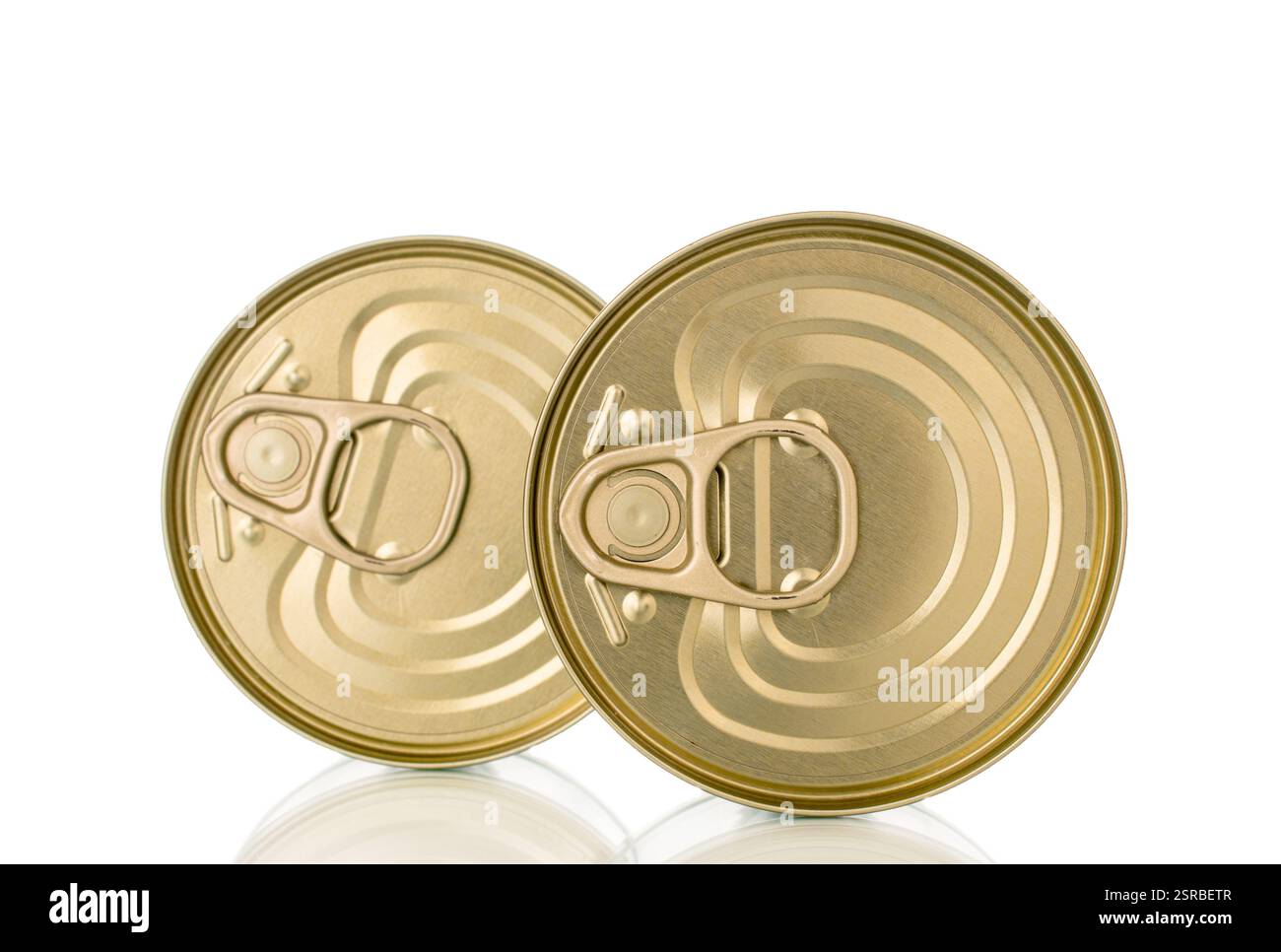 Two metal cans of tuna, close-up, isolated on a white background Stock ...