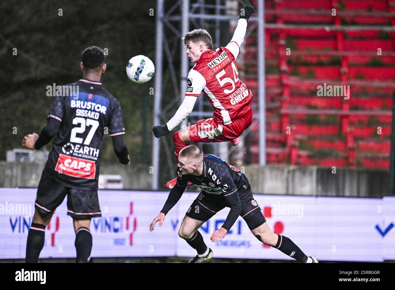 Antwerp, Belgium. 15th Feb, 2025. Kortrijk's Bram Lagae and Antwerp's ...