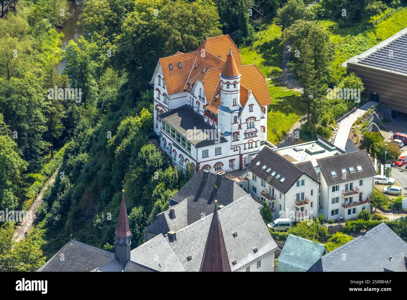 Aerial view, villa with spire Senioren-Wohnpark Arnsberg GmbH, Arnsberg ...