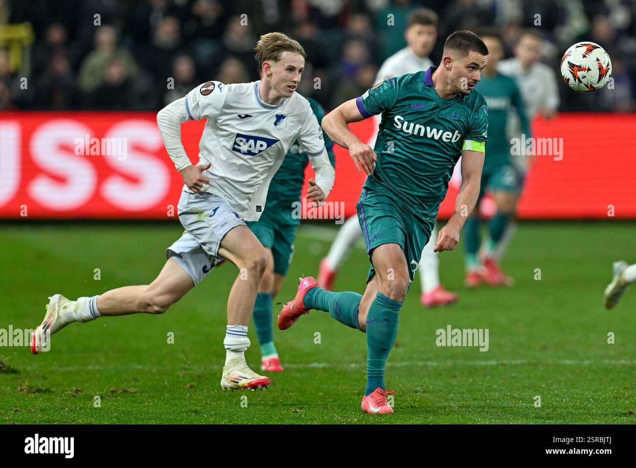 Anderlecht, Belgium. 30th Jan, 2025. Max Moerstedt (33) of Hoffenheim pictured defending on ...