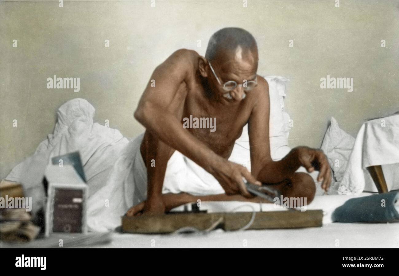 Mahatma Gandhi working charkha spinning wheel, Wardha, Maharashtra ...