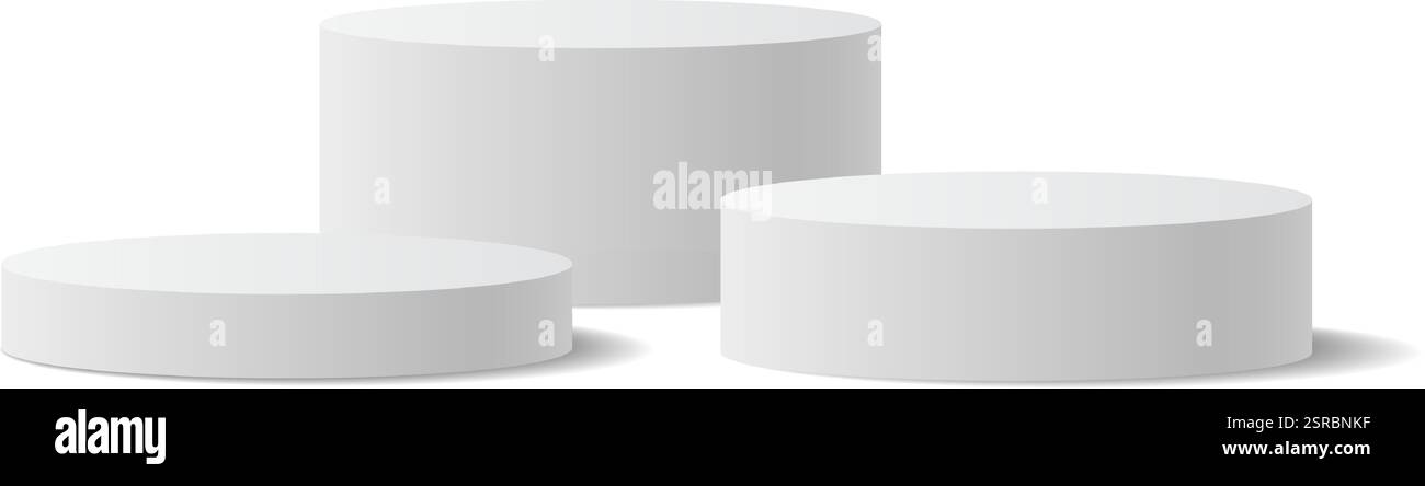 Featuring three white round podiums of varying sizes, creating a ...
