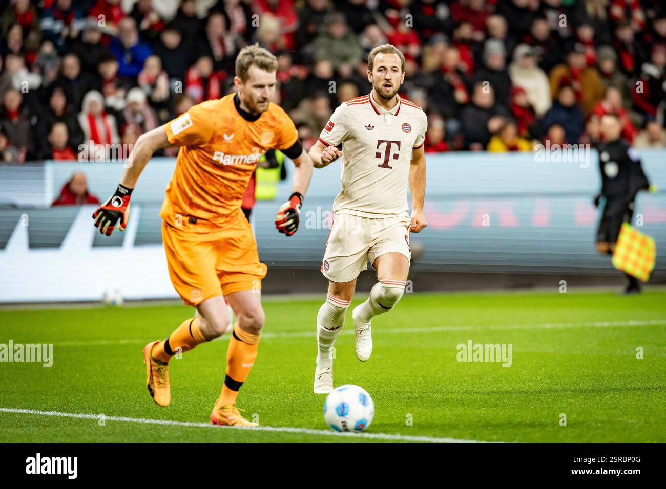 Harry Kane (FC Bayern M?nchen, 9) bedr?ngt Torh?ter Lukas Hradecky (Bayer 04 Leverkusen, 1 ...