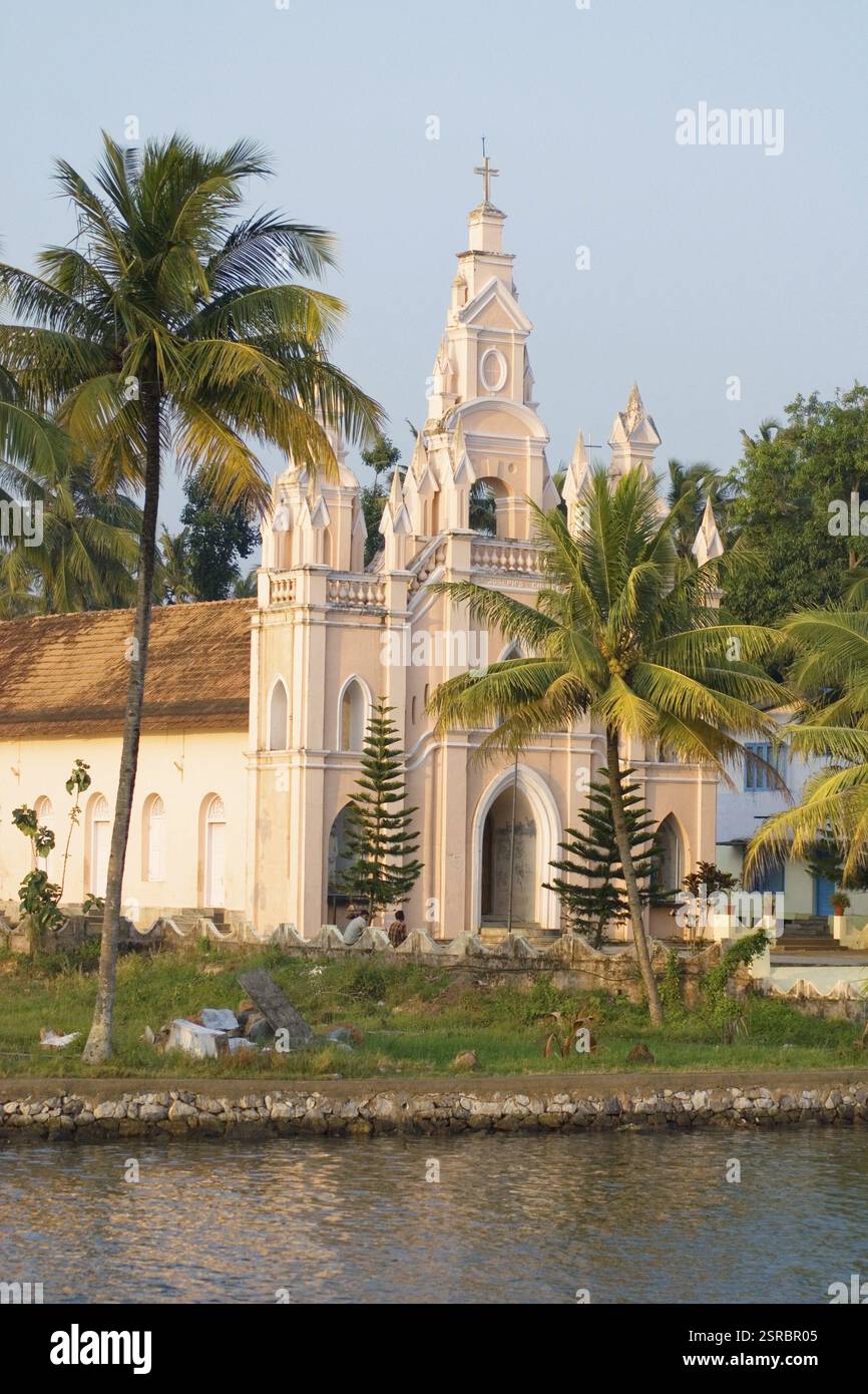 Church on the bank of ashtamudi river, Kollam, Alleppey, Kerala, India ...