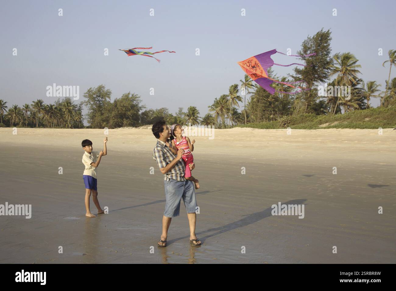 South Asian Indian father carrying daughter and son flying kites on ...