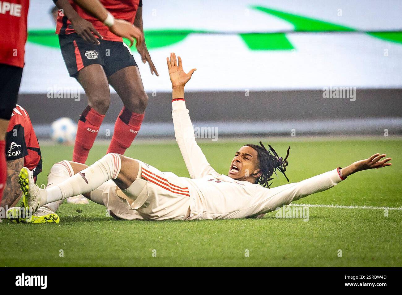 Leverkusen, Deutschland. 15th Feb, 2025. Michael Olise (FC Bayern M?nchen, 17) f?llt im ...