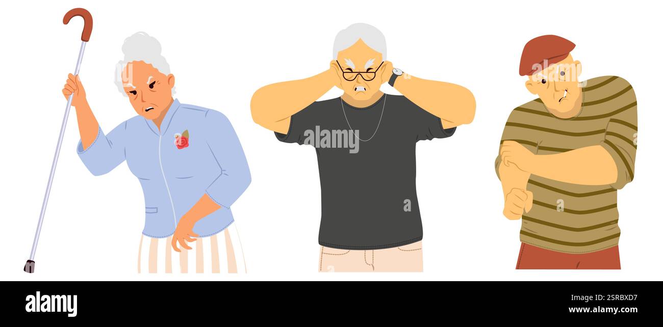 An elderly woman with a cane appears angry while an older man covers ...