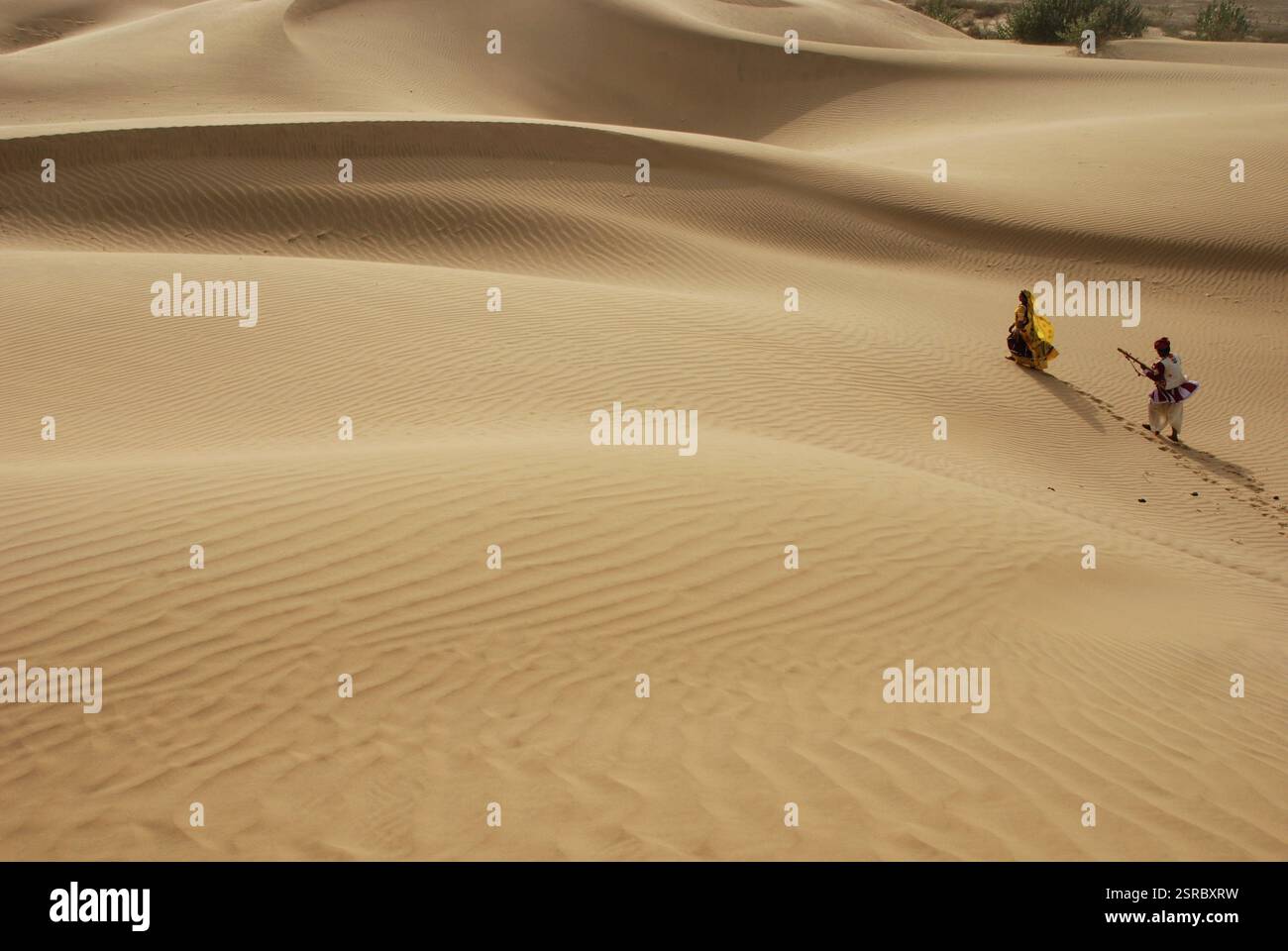 Rajasthani folk musician playing ravanhatta lady walking on sand dune ...