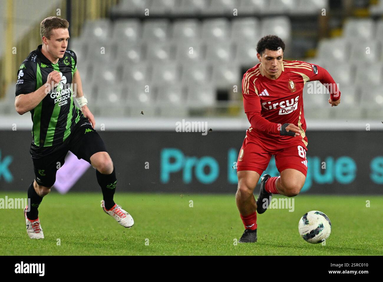 Brugge, Belgium. 01st Feb, 2025. Thibo Somers (34) of Cercle defending ...