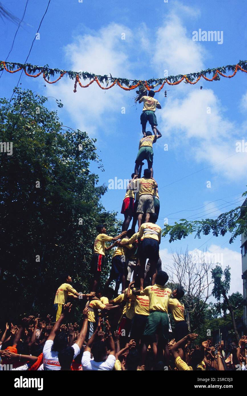 Human pyramid breaking handi on Janmashtami festival, Dadar, Bombay ...