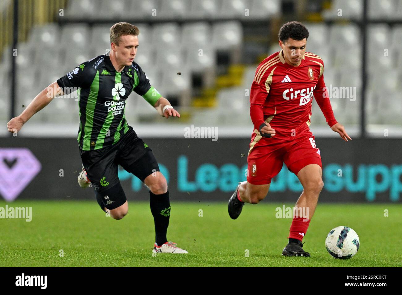 Brugge, Belgium. 01st Feb, 2025. Thibo Somers (34) of Cercle defending ...