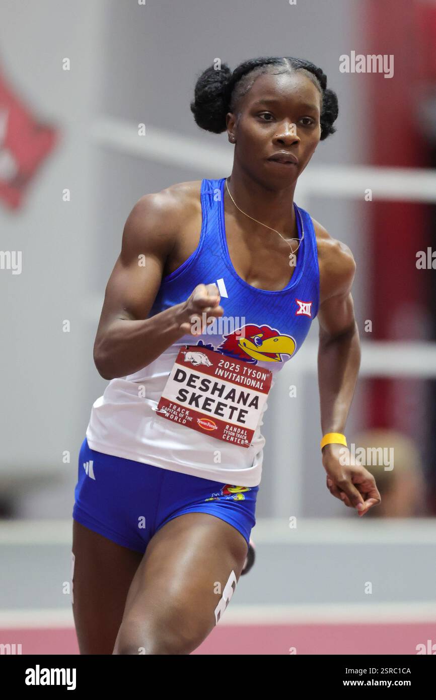 February 14, 2025: Kansas Jayhawks runner Deshana Skeete comes around ...