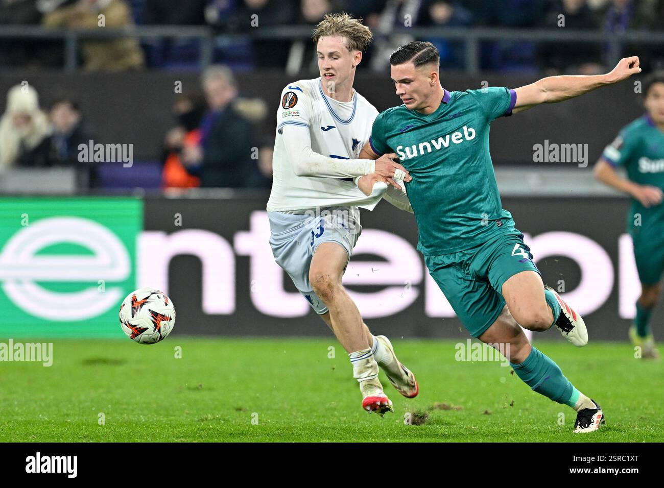 Anderlecht, Belgium. 30th Jan, 2025. Max Moerstedt (33) of Hoffenheim pictured fighting for the ...