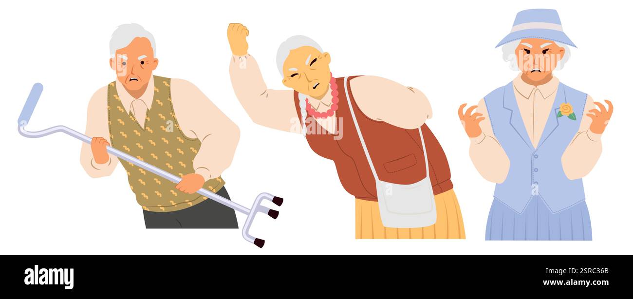 Three elderly characters showcase distinct emotions, featuring an angry ...