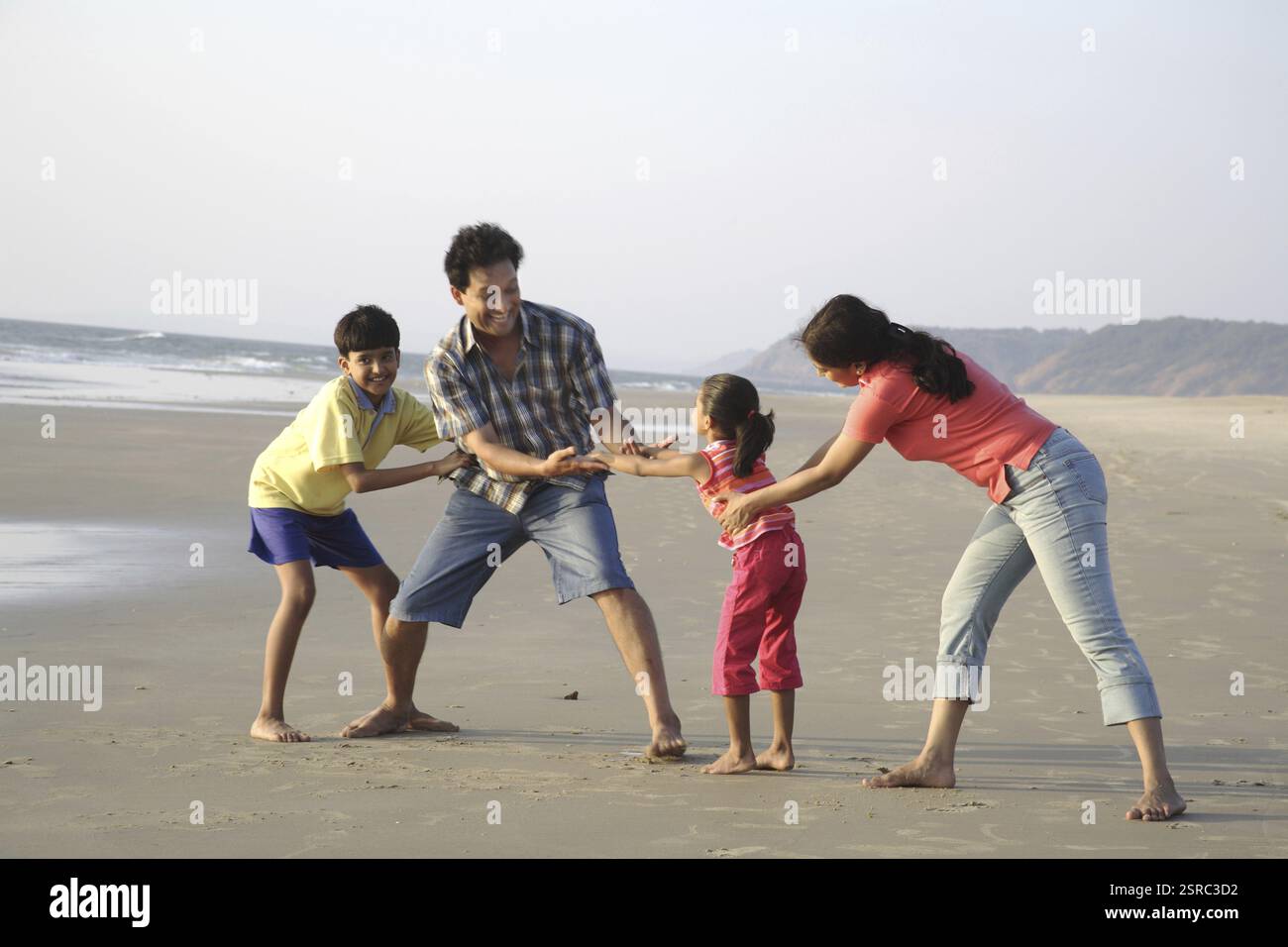 South Asian Indian parent and children playing game of pulling each ...