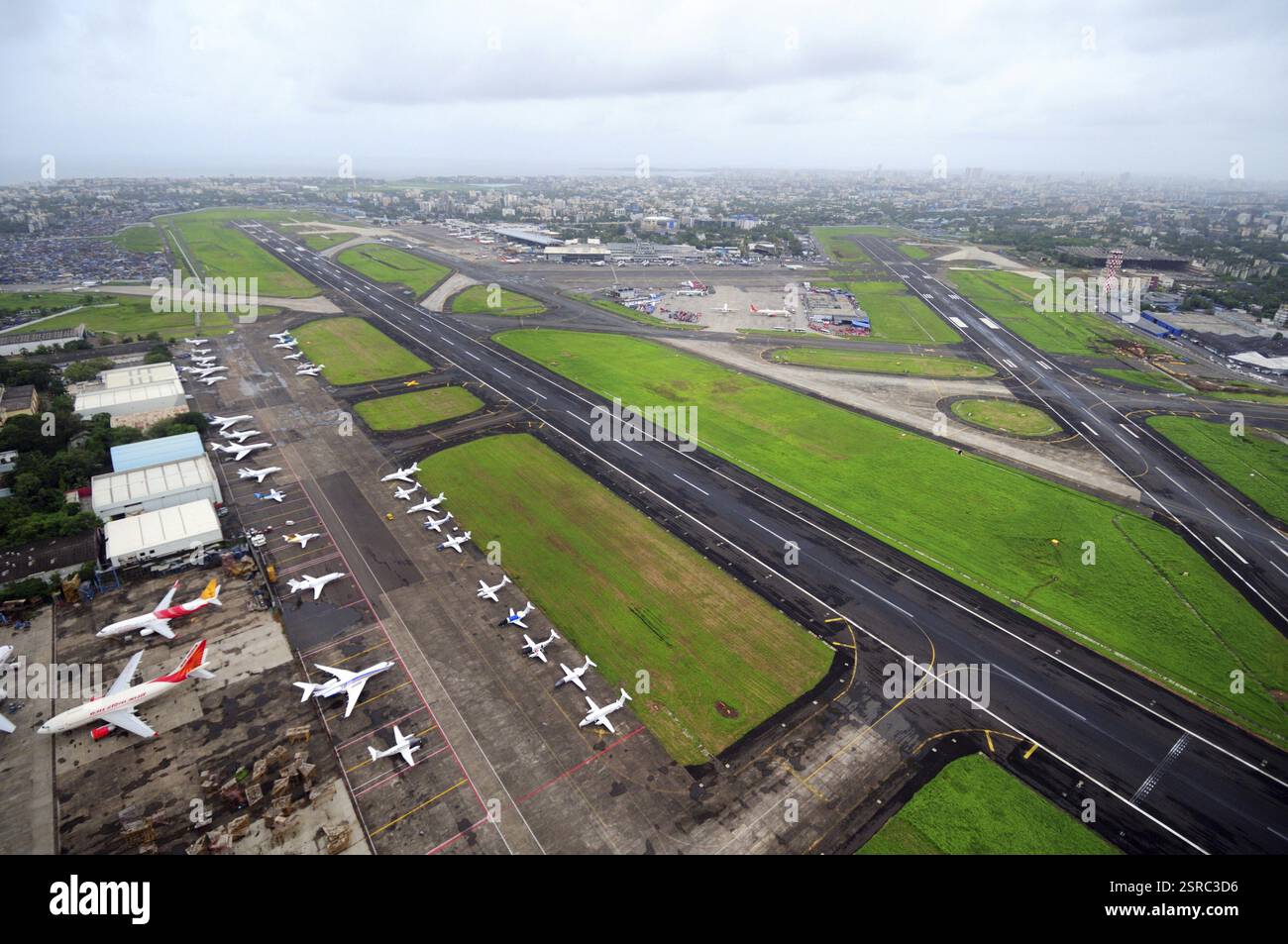 Aerial view of runway with hangar of air india at chhatrapati shivaji ...