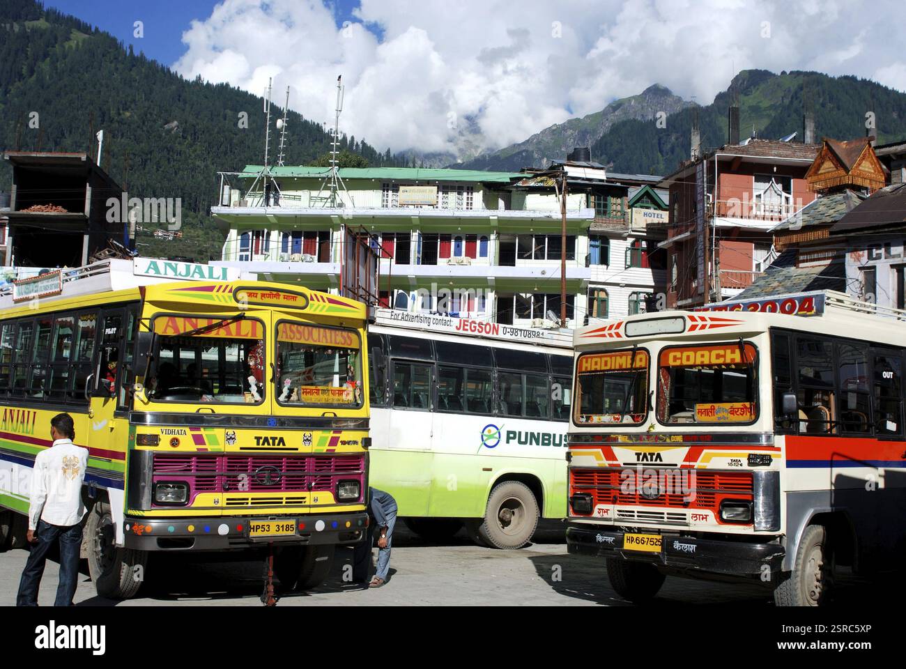 Buses inside bus stand of himachal pradesh roadways in Manali, Himachal Pradesh, India, Asia ...